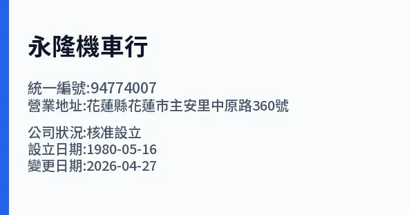 永隆機車行的照片-統編 94774007(花蓮縣) 公司登記資料與營業項目詳細圖表