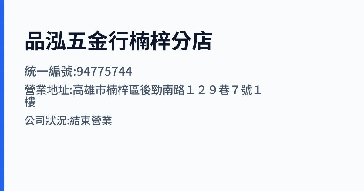 品泓五金行楠梓分店 - 統編 94775744(高雄市) 公司登記資料與營業項目詳細圖表