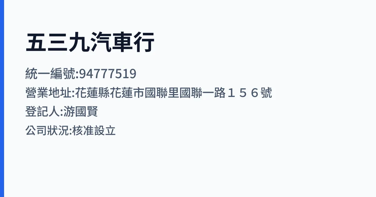 五三九汽車行 - 統編 94777519(花蓮縣) 公司登記資料與營業項目詳細圖表