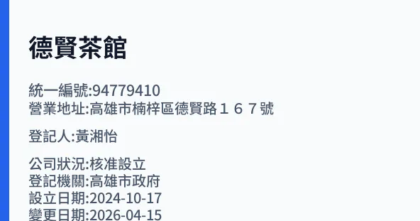 德賢茶館的照片-統編 94779410(高雄市) 公司登記資料與營業項目詳細圖表