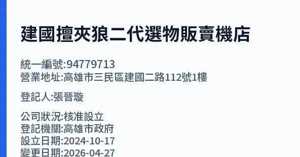 建國擅夾狼二代選物販賣機店的照片-統編 94779713(高雄市) 公司登記資料與營業項目詳細圖表