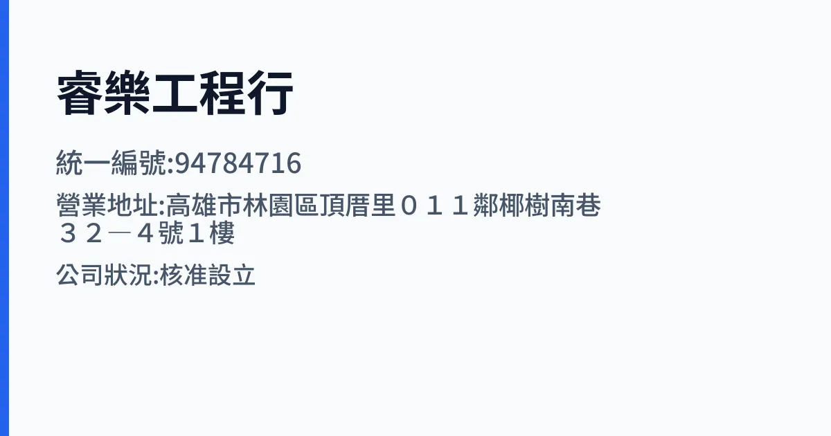 睿樂工程行 - 統編 94784716(高雄市) 公司登記資料與營業項目詳細圖表