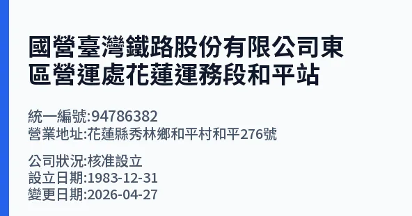 國營臺灣鐵路股份有限公司東區營運處花蓮運務段和平站的照片-統編 94786382(花蓮縣) 公司登記資料與營業項目詳細圖表