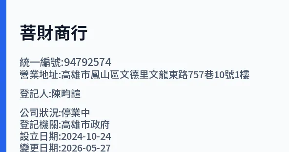 菩財商行的照片-統編 94792574(高雄市) 公司登記資料與營業項目詳細圖表