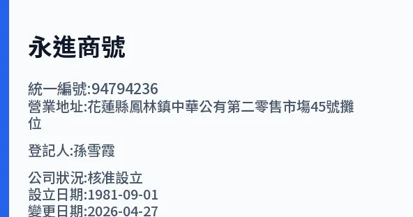 永進商號的照片-統編 94794236(花蓮縣) 公司登記資料與營業項目詳細圖表