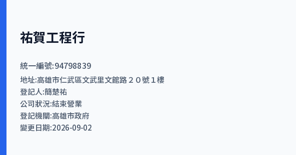 祐賀工程行的照片-統編 94798839(高雄市) 公司登記資料與營業項目詳細圖表