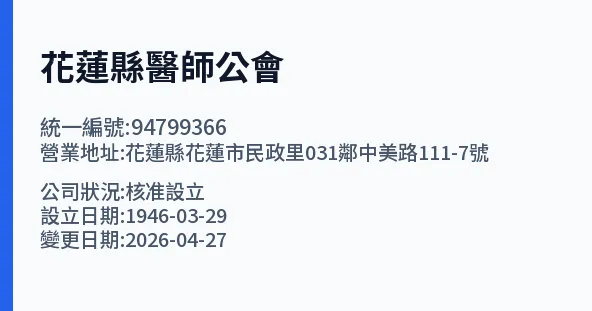 花蓮縣醫師公會的照片-統編 94799366(花蓮縣) 公司登記資料與營業項目詳細圖表