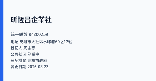 昕恆昌企業社的照片-統編 94800259(高雄市) 公司登記資料與營業項目詳細圖表