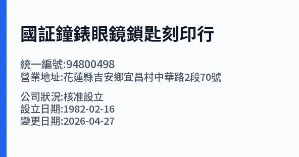 國証鐘錶眼鏡鎖匙刻印行的照片-統編 94800498(花蓮縣) 公司登記資料與營業項目詳細圖表