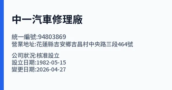 中一汽車修理廠的照片-統編 94803869(花蓮縣) 公司登記資料與營業項目詳細圖表