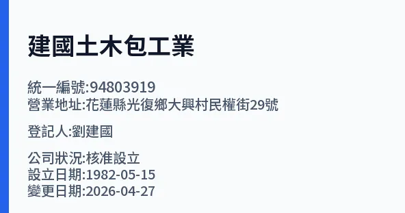 建國土木包工業的照片-統編 94803919(花蓮縣) 公司登記資料與營業項目詳細圖表