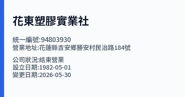 花東塑膠實業社的照片-統編 94803930(花蓮縣) 公司登記資料與營業項目詳細圖表
