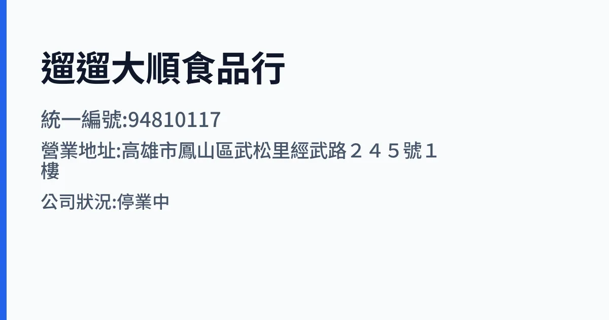 遛遛大順食品行 - 統編 94810117(高雄市) 公司登記資料與營業項目詳細圖表
