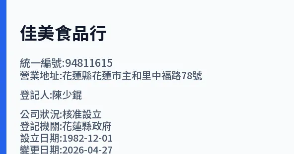 佳美食品行的照片-統編 94811615(花蓮縣) 公司登記資料與營業項目詳細圖表