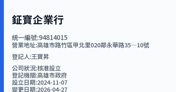 鉦寶企業行的照片-統編 94814015(高雄市) 公司登記資料與營業項目詳細圖表
