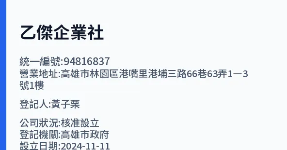乙傑企業社的照片-統編 94816837(高雄市) 公司登記資料與營業項目詳細圖表