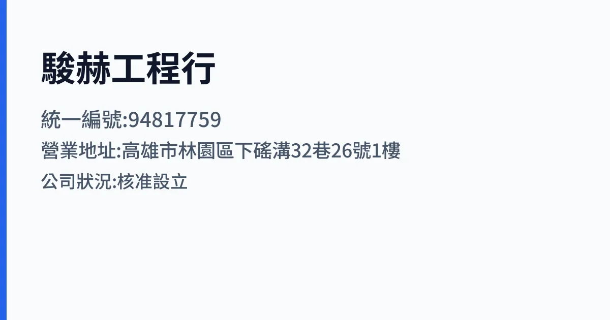 駿赫工程行 - 統編 94817759(高雄市) 公司登記資料與營業項目詳細圖表