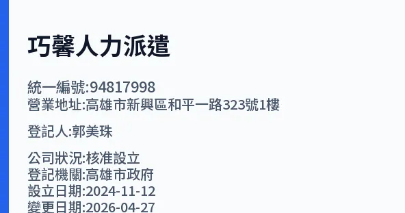 巧馨人力派遣的照片-統編 94817998(高雄市) 公司登記資料與營業項目詳細圖表