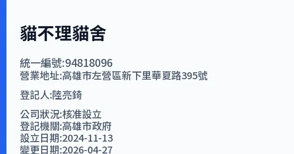 貓不理貓舍的照片-統編 94818096(高雄市) 公司登記資料與營業項目詳細圖表