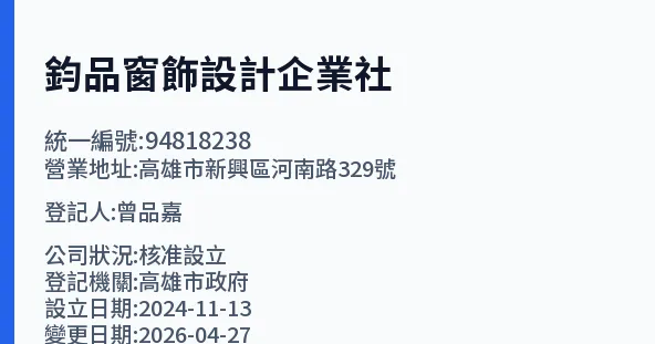 鈞品窗飾設計企業社的照片-統編 94818238(高雄市) 公司登記資料與營業項目詳細圖表