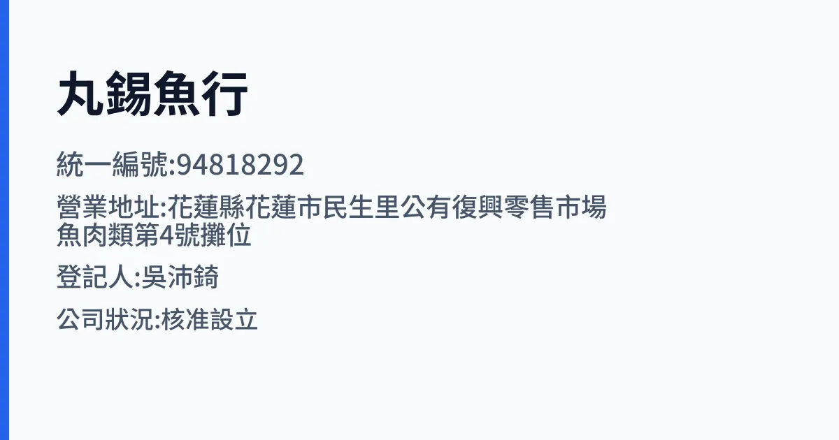 丸錫魚行 - 統編 94818292(花蓮縣) 公司登記資料與營業項目詳細圖表