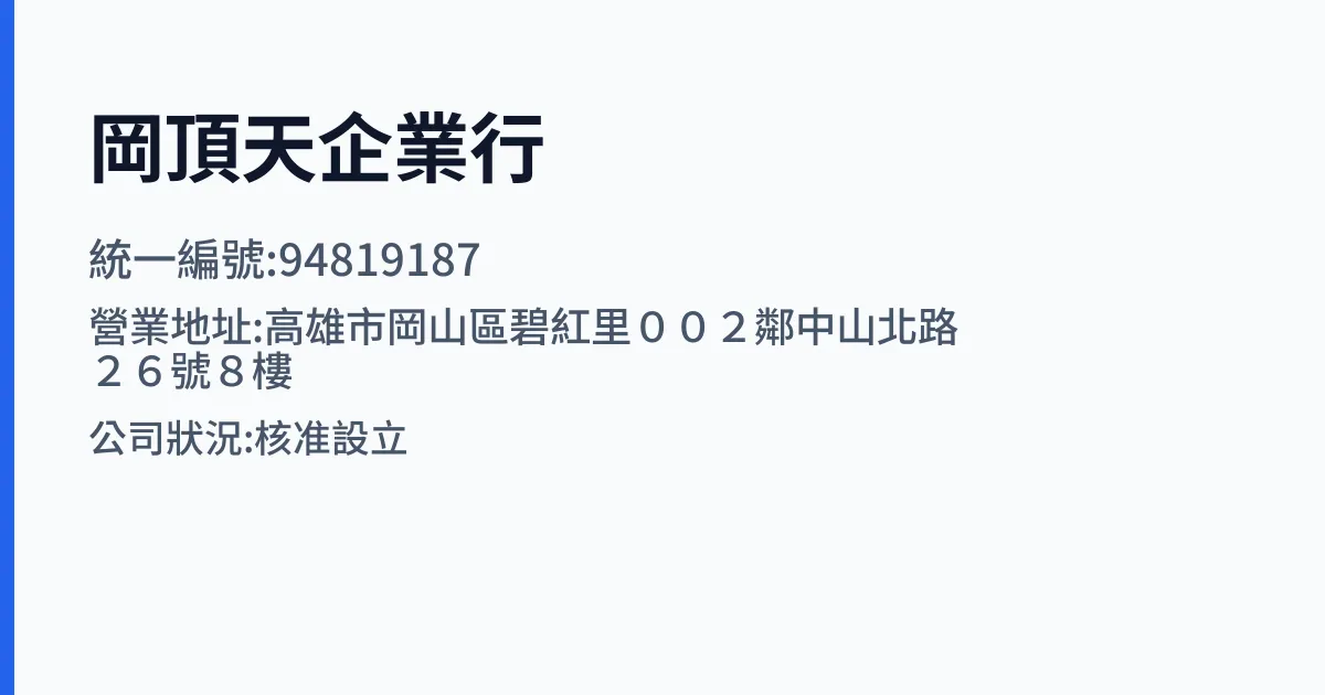 岡頂天企業行 - 統編 94819187(高雄市) 公司登記資料與營業項目詳細圖表