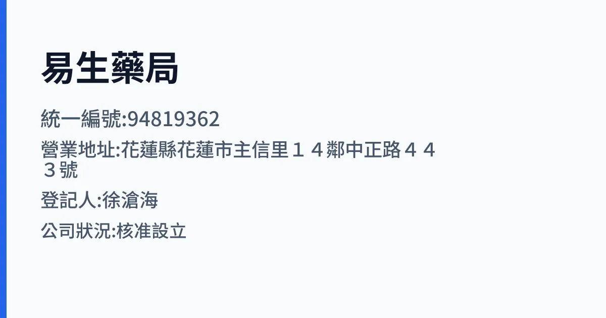 易生藥局 - 統編 94819362(花蓮縣) 公司登記資料與營業項目詳細圖表
