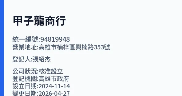 甲子龍商行的照片-統編 94819948(高雄市) 公司登記資料與營業項目詳細圖表