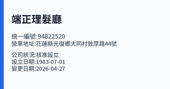端正理髮廳的照片-統編 94822520(花蓮縣) 公司登記資料與營業項目詳細圖表