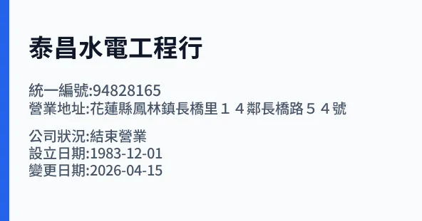 泰昌水電工程行的照片-統編 94828165(花蓮縣) 公司登記資料與營業項目詳細圖表