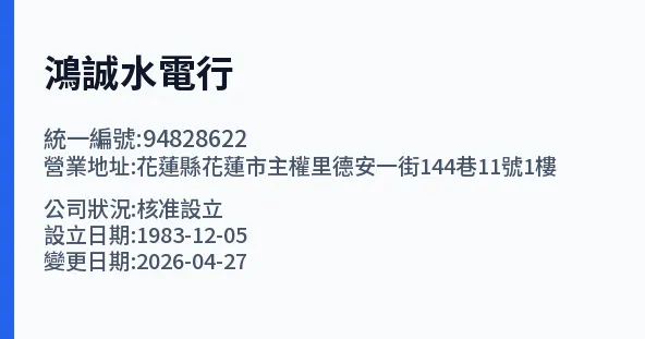 鴻誠水電行的照片-統編 94828622(花蓮縣) 公司登記資料與營業項目詳細圖表