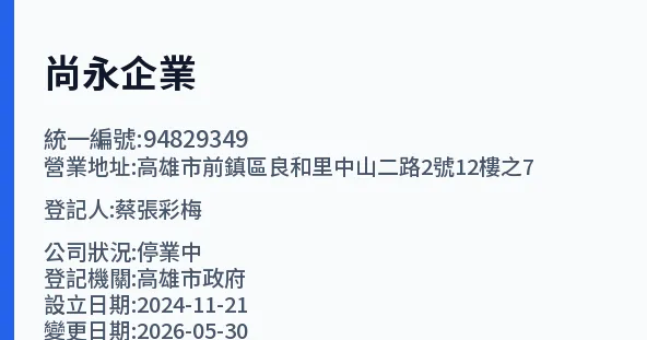 尚永企業的照片-統編 94829349(高雄市) 公司登記資料與營業項目詳細圖表