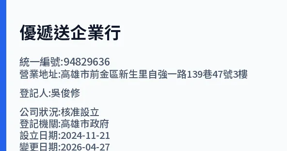 優遞送企業行的照片-統編 94829636(高雄市) 公司登記資料與營業項目詳細圖表