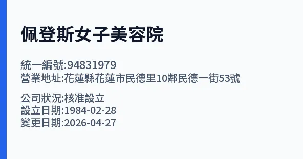 佩登斯女子美容院的照片-統編 94831979(花蓮縣) 公司登記資料與營業項目詳細圖表