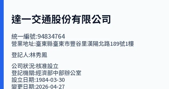 達一交通股份有限公司的照片-統編 94834764(臺東縣) 公司登記資料與營業項目詳細圖表