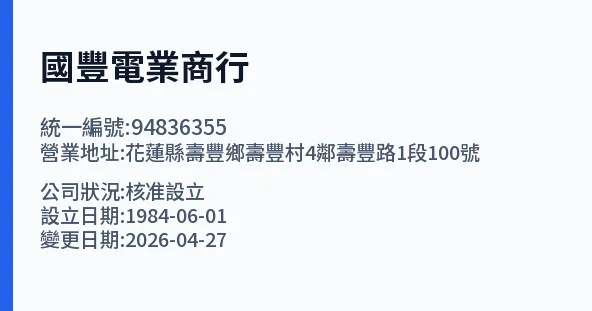 國豐電業商行的照片-統編 94836355(花蓮縣) 公司登記資料與營業項目詳細圖表