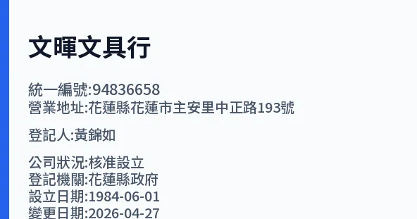 文暉文具行的照片-統編 94836658(花蓮縣) 公司登記資料與營業項目詳細圖表