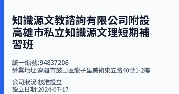 知識源文教諮詢有限公司附設高雄市私立知識源文理短期補習班的照片-統編 94837208(高雄市) 公司登記資料與營業項目詳細圖表