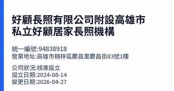 好顧長照有限公司附設高雄市私立好顧居家長照機構的照片-統編 94838918(高雄市) 公司登記資料與營業項目詳細圖表