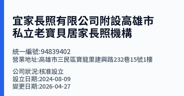 宜家長照有限公司附設高雄市私立老寶貝居家長照機構的照片-統編 94839402(高雄市) 公司登記資料與營業項目詳細圖表