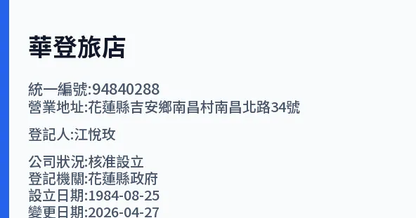 華登旅店的照片-統編 94840288(花蓮縣) 公司登記資料與營業項目詳細圖表