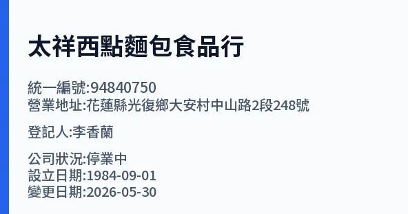 太祥西點麵包食品行的照片-統編 94840750(花蓮縣) 公司登記資料與營業項目詳細圖表