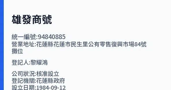 雄發商號的照片-統編 94840885(花蓮縣) 公司登記資料與營業項目詳細圖表
