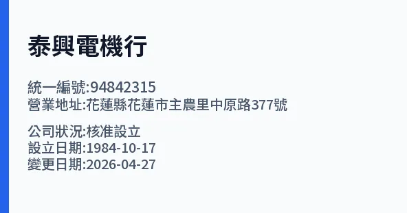 泰興電機行的照片-統編 94842315(花蓮縣) 公司登記資料與營業項目詳細圖表