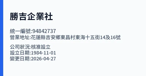 勝吉企業社的照片-統編 94842737(花蓮縣) 公司登記資料與營業項目詳細圖表