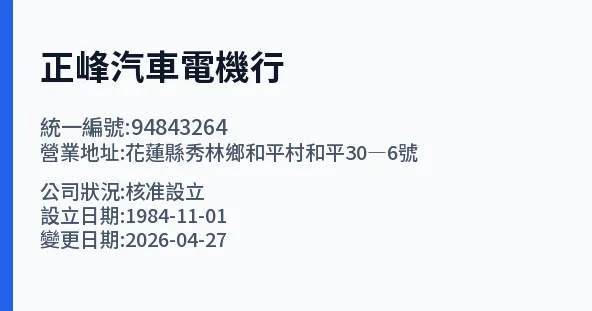 正峰汽車電機行的照片-統編 94843264(花蓮縣) 公司登記資料與營業項目詳細圖表