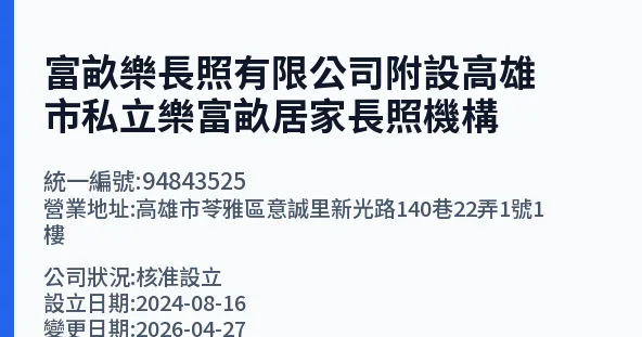 富畝樂長照有限公司附設高雄市私立樂富畝居家長照機構的照片-統編 94843525(高雄市) 公司登記資料與營業項目詳細圖表