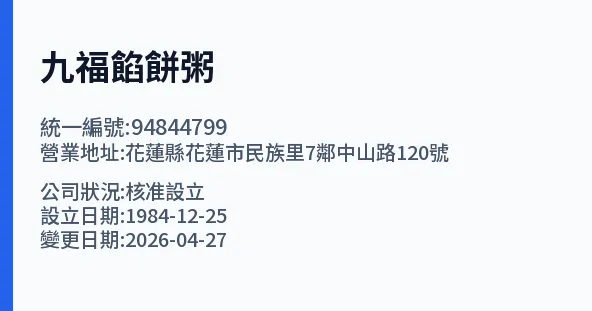 九福餡餅粥的照片-統編 94844799(花蓮縣) 公司登記資料與營業項目詳細圖表