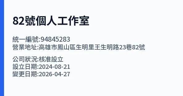 82號個人工作室的照片-統編 94845283(高雄市) 公司登記資料與營業項目詳細圖表