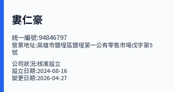 婁仁豪的照片-統編 94846797(高雄市) 公司登記資料與營業項目詳細圖表